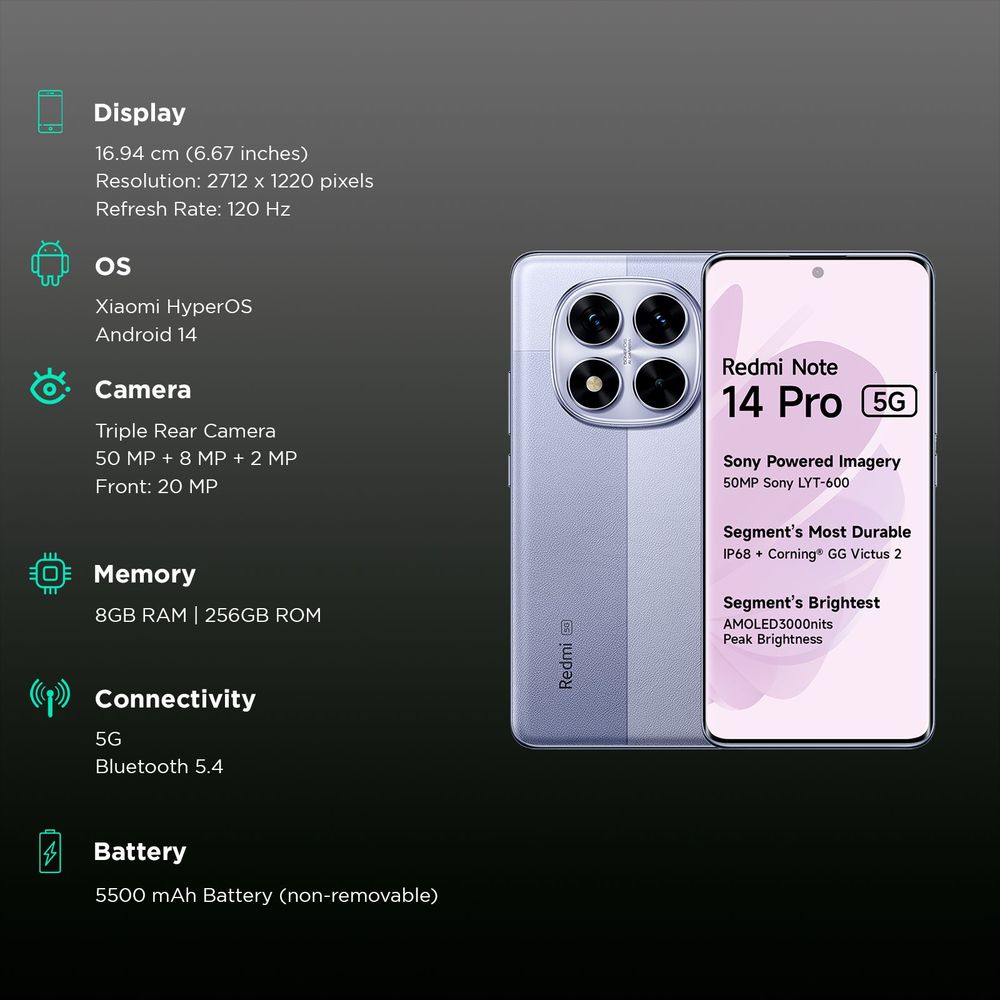 Buy Redmi Note 14 Pro 5G (8GB RAM, 256GB, Phantom Purple) Online - Croma